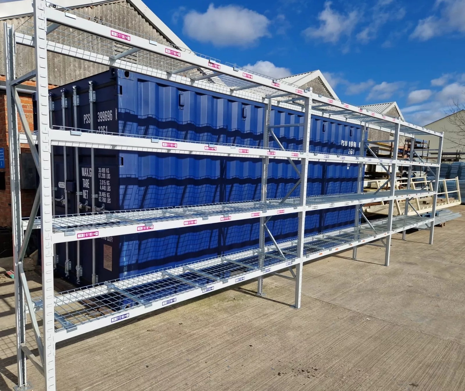 3 BAYS 4 LEVELS USED LONG SPAN RACKING WITH MESH DECKING | IEM UK