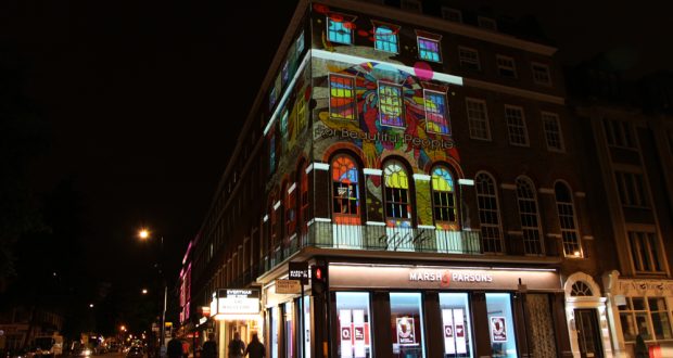 Beatles mural projection mapped on to its old Apple building in London