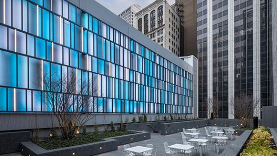 Downtown skyscraper terrace soothes with light art