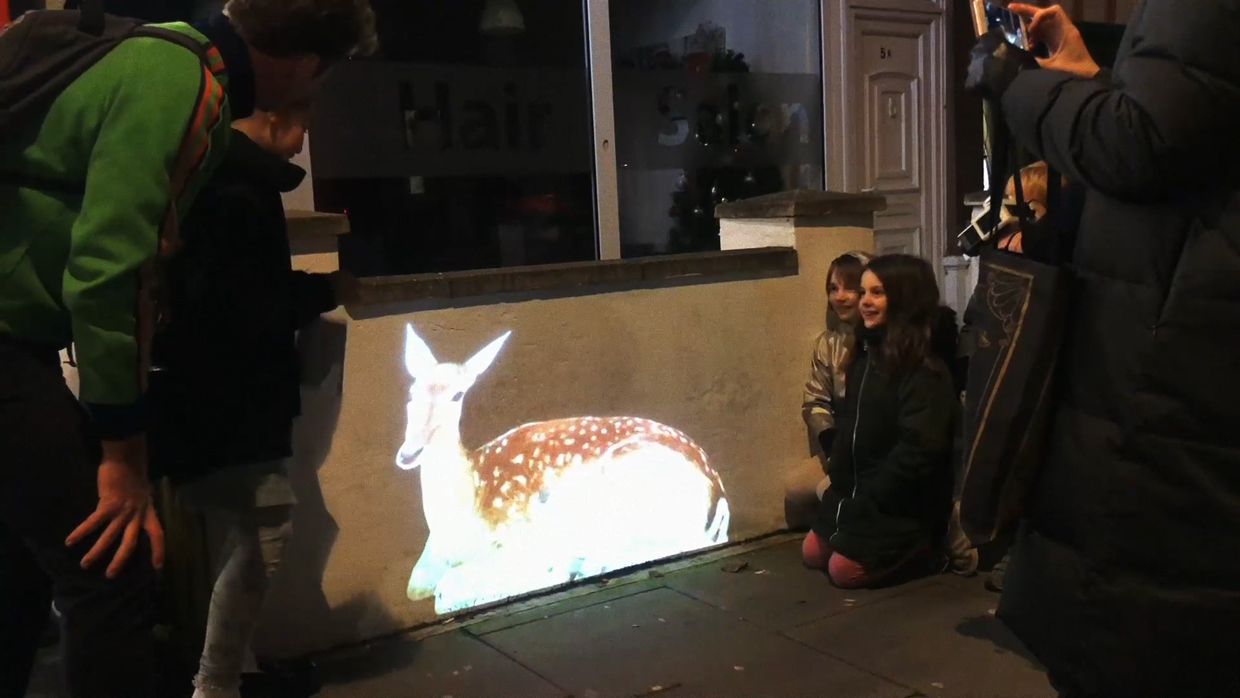 Moving AR projection shows deer at play at night