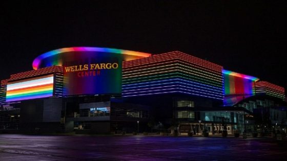 Wells Fargo Center lit up in rainbow colours for Pride Month